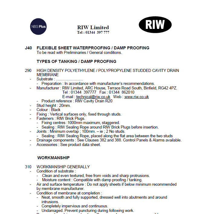 NBS Specification Clauses | Technical Downloads