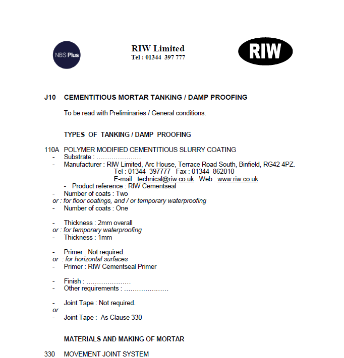 NBS Specification Clauses | Technical Downloads