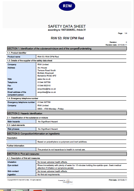 Safety Data Sheets - Technical Downloads | RIW