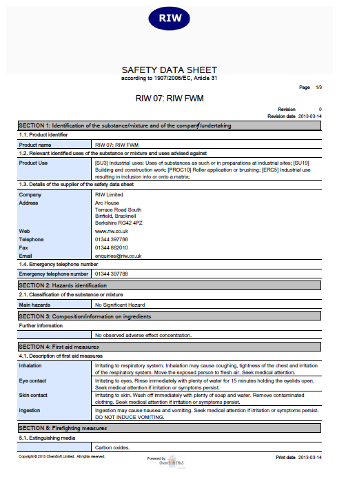 Safety Data Sheets - Technical Downloads | RIW