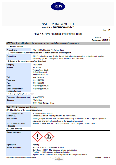 Safety Data Sheets - Technical Downloads | RIW