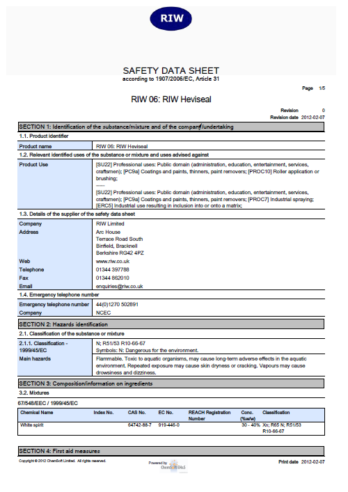 Safety Data Sheets - Technical Downloads | RIW