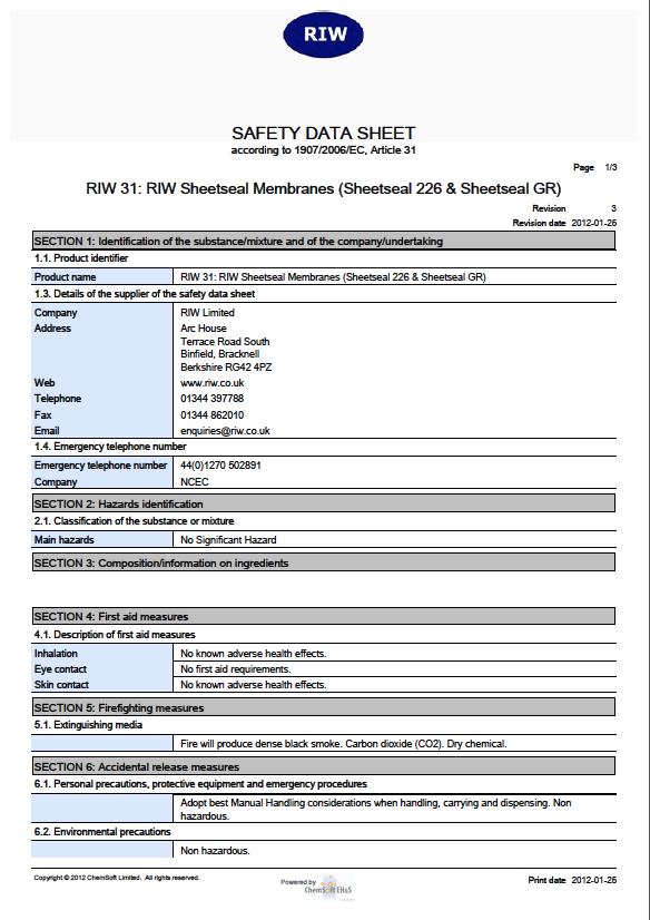 Safety Data Sheets - Technical Downloads | RIW