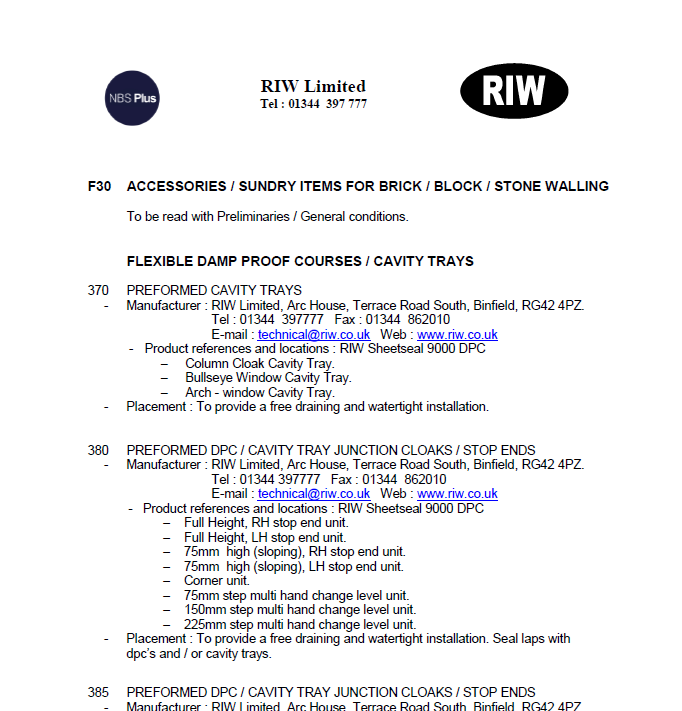 NBS Specification Clauses | Technical Downloads