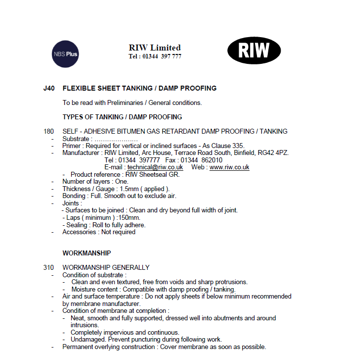 NBS Specification Clauses | Technical Downloads