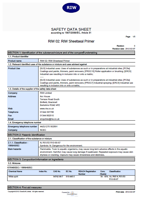 Safety Data Sheets - Technical Downloads | RIW